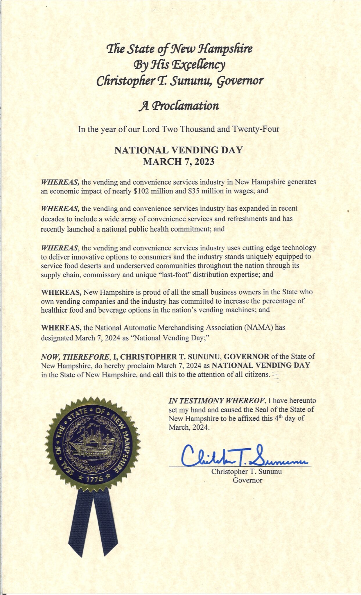 2024 New Hampshire Vending Day Proclamation - NERSA
